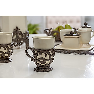 GG Collection Acanthus Leaf Cream Ceramic Cups with Brown Metal Base and Handle (Set of 4)