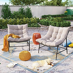 Sophia & William Outdoor Papasan Chairs with Cushion and Frame, Patio Rattan Club Scoop Chairs with 3.9" Cushions, Oversized Padded Lounge Chairs Set of 2, 350Ibs Capacity, Indoor & Outdoor Use