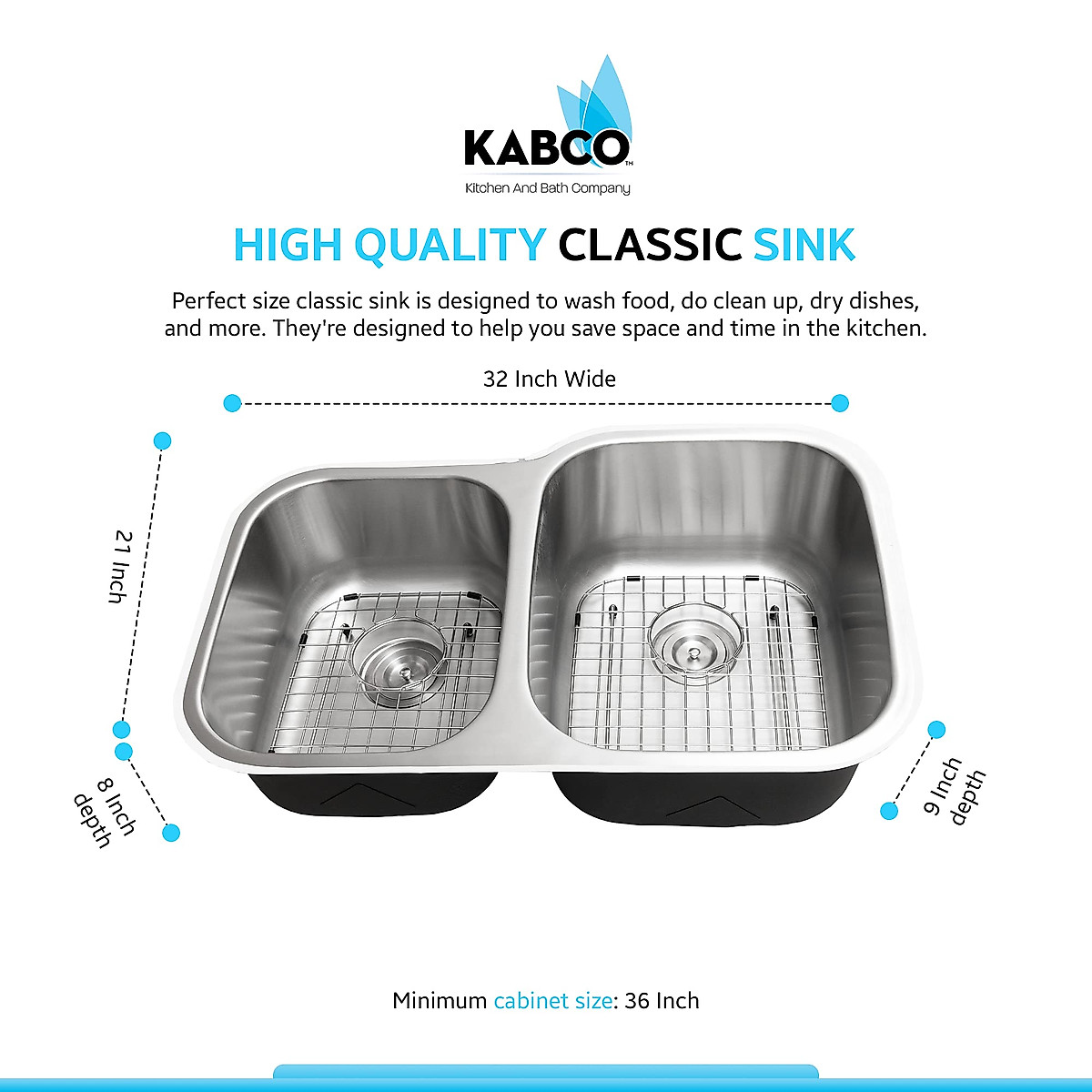 KABCO 32 Inch Double Bowl Stainless Steel Classic Kitchen Sink with Sink Strainers, Removable Garbage Baskets and Sink Grids Sound and Heat Proof 18 Gauge Undermount 40/60 Bowl Swirl Finish Sink