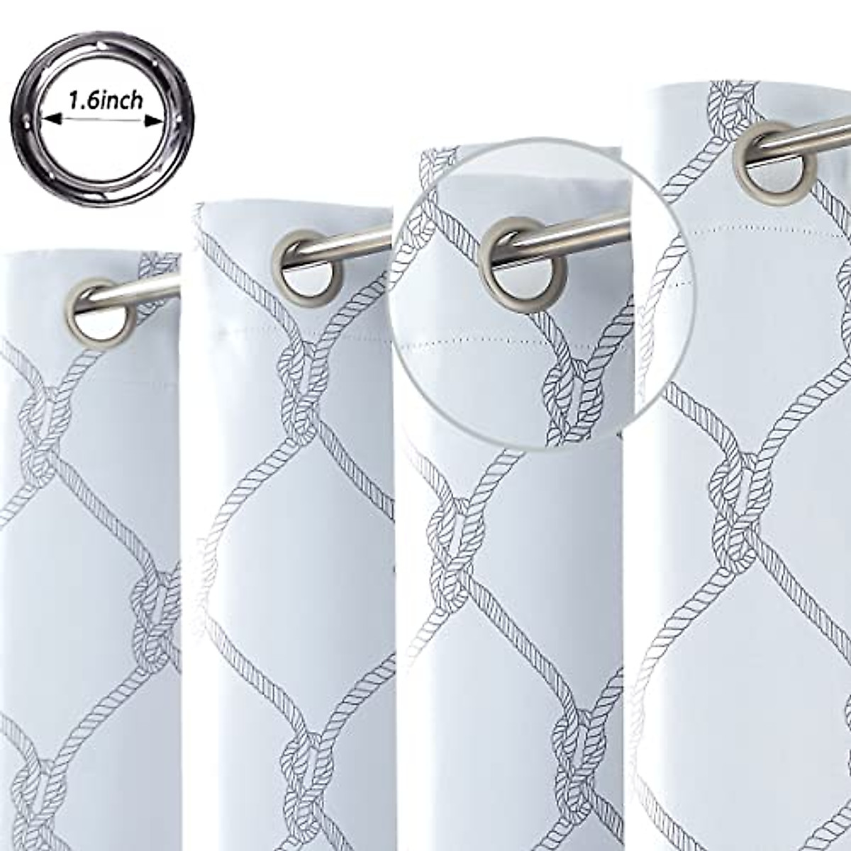 Geomoroccan Full Blackout Curtains 63 inch Length 2 Panels Set,Knot Printed Decorative Suitable for Living Room and Bedroom,Grommet Top Thermal Insulated Drapes （50" x 63",White & Grey）