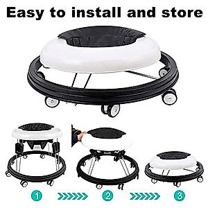 Baby Walker Foldable, 9 Heights Adjustable Anti-Rollover Toddler Round Walker with Feeding Tray, Suitable for All Terrains for Babies Boys and Girls 6-18 Months