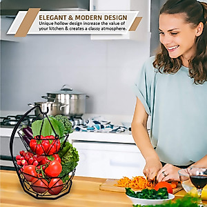 Simplil 2 Tier Vegetable and Fruit Basket With Banana Hanger, Countertop Detachable Bowls, Black