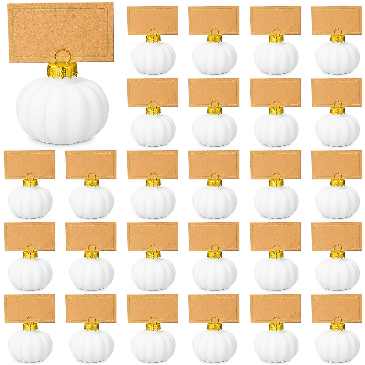 Soaoo 24 Set Thanksgiving Glass Harvest Pumpkin Place Card Holders with Thanksgiving Greeting Cards Fall Pumpkin Decor Table Name Holders Table Sign Card Holder for Thanksgiving Wedding Party (White)
