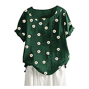wodceeke Women's Daisy Printed Cotton and Linen T-shirt Short Sleeve Round Neck Button Tee Casual Loose Tops (Green, XXXL)