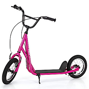 GYMAX Scooter, Kids & Adults Off-Road Scooter with 12" Inflatable Wheels, Adjustable Height Handlebar, V-Type Handbrakes & Axle Pegs for All Terrain, 8+ (Pink)