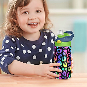 ALAZA Rainbow Leopard Print Cheetah Colorful Kids Water Bottles with Lids Straw Insulated Stainless Steel Water Bottles Double Walled Leakproof Tumbler Travel Cup for Girls Boys Toddlers 12 oz / 350 m