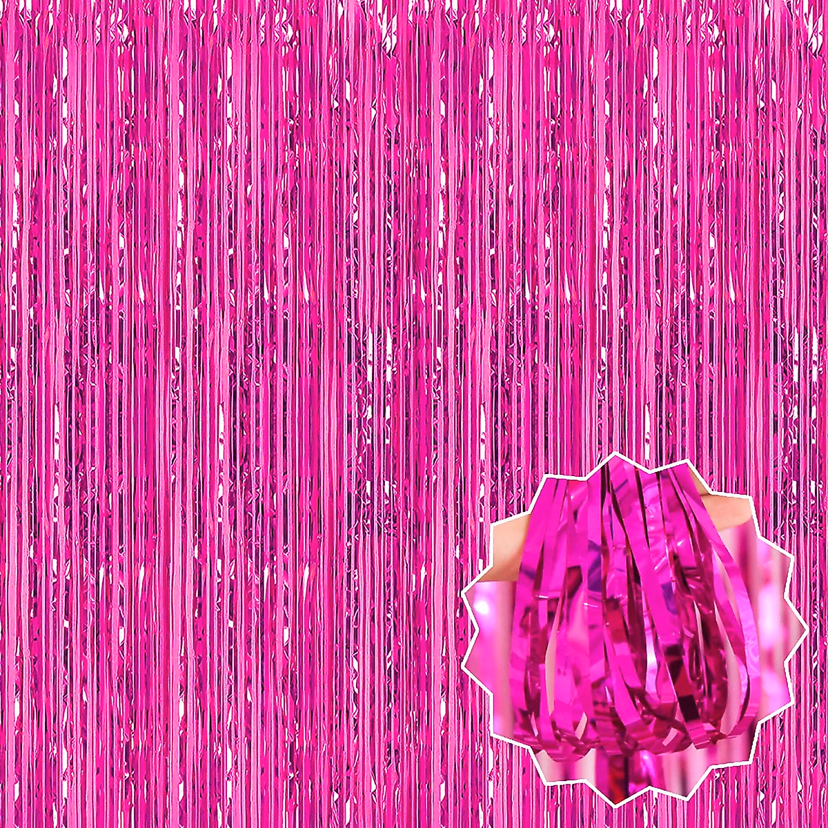 3 Pack Fuchsia Foil Fringe Curtains Backdrop, 3.28 x 8.2 Ft Metallic Streamers Tinsel Curtains Background for Photo Booth, Birthday, Halloween, Christmas, Thanksgiving, New Year Party Decorations