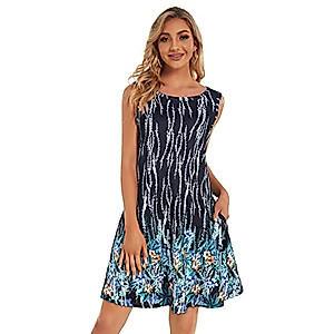 Summer Dresses for Women Beach Floral Tshirt Sundress Sleeveless Pockets Casual Loose Tank Dress(Deep Blue Floral,M)