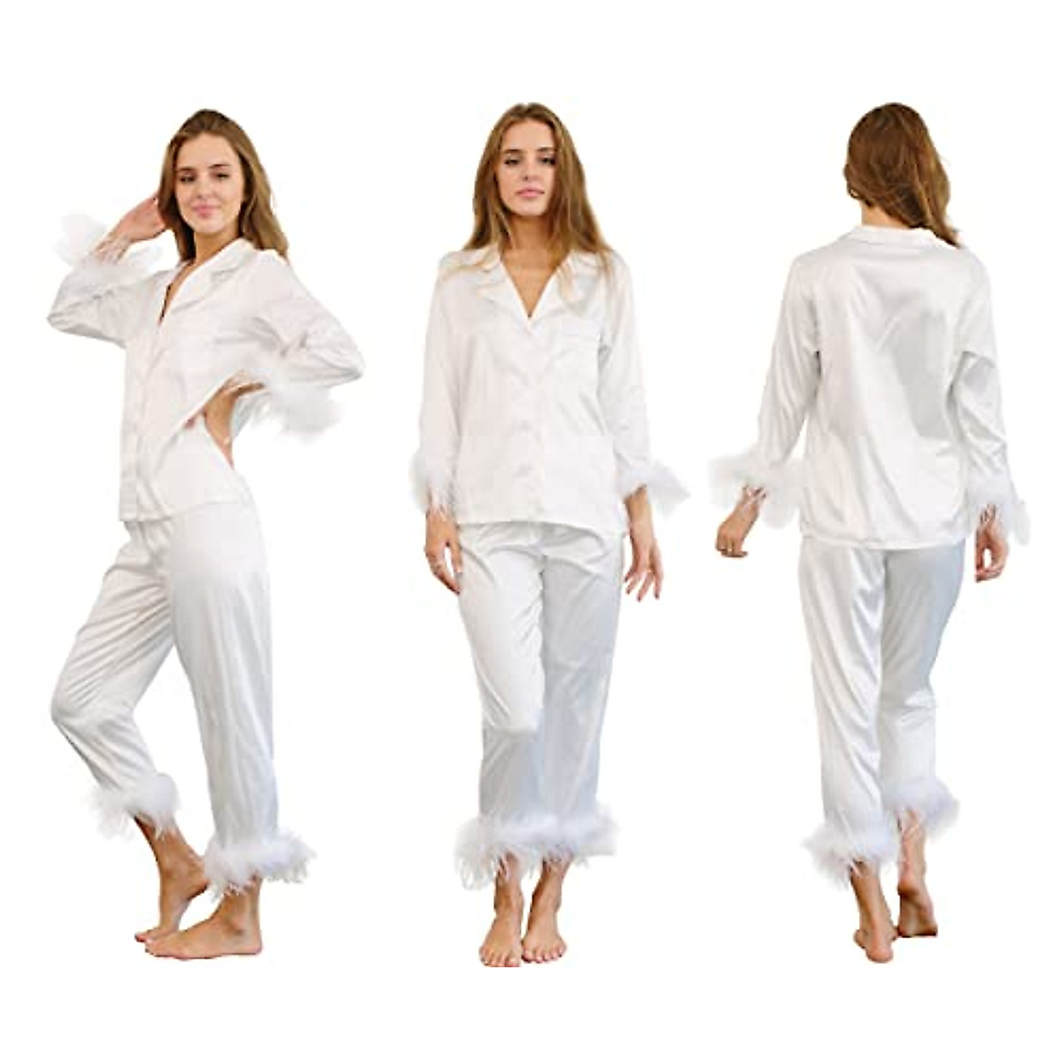 Queens Bridal Feather Trim Pajama Set for Women Satin Silk Long Sleeve Top With Pants Sleepwear Button Down S To XXL (White, Small)
