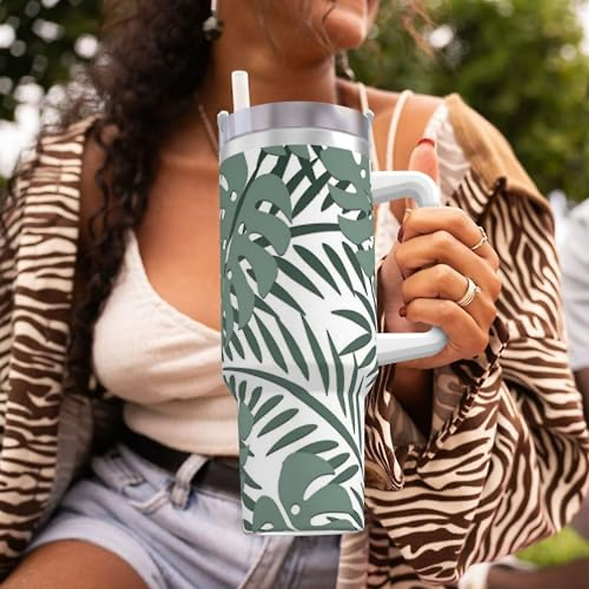 Xiexide 40oz Rustproof Outdoor Green Botanical Palms Leaves Double Walled Vacuum Insulatedith Handle And Straw,Hot & Cold Drinks