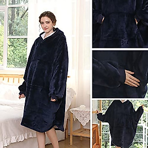 Wearable Blanket Hoodie for Men & Women, Oversized Hoodie Blanket Adult, Sherpa Fleece & Flannel Blanket with Sleeves and Giant Pocket, Machine Washable, Convenient for Home and Outdoors, Navy Blue