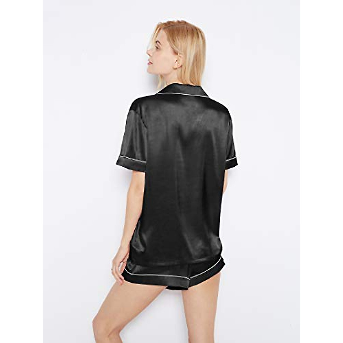 SIORO Silk Pajamas for Women Short Sleeve Womens Pajamas Sets Satin, Button Down Sleepwear Soft Pj Sets, Black, X-Large