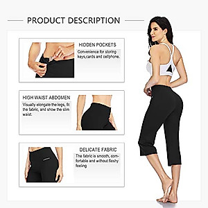 HISKYWIN 18" Inseam Women Inner Pocket Yoga Capri 4 Way Stretch Tummy Control Workout Running Pants, Long Bootleg Flare Pants HF2A Black-L