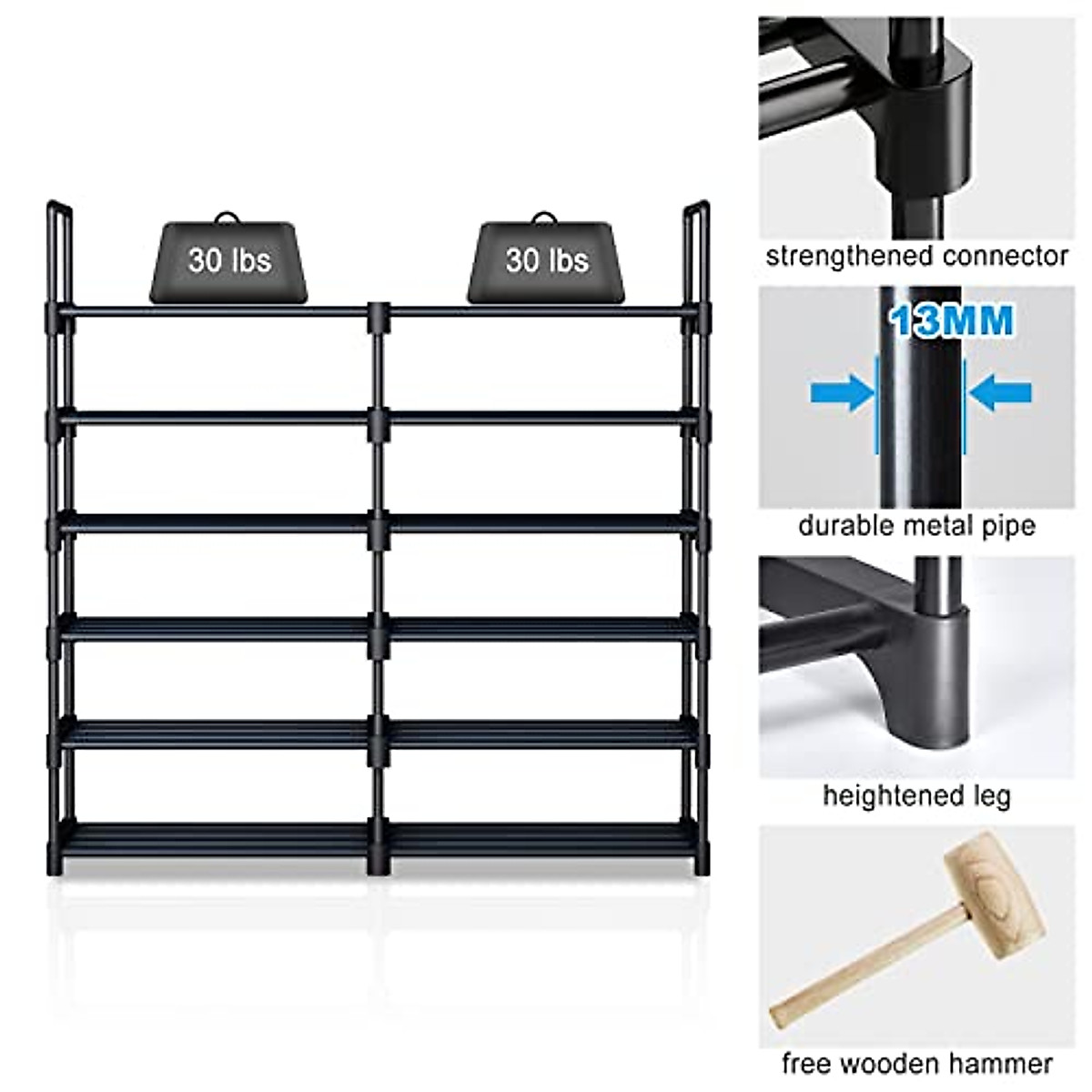 Samhe 6 Tiers Shoe Rack, 24 Pairs Shoes Boots Storage Organizer Stackable Metal Stand Shelf for Closet Entryway Hallway, Black