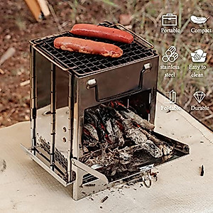 SainSpeed Foldable Campfire Grill, Stainless Steel BBQ Grill with Carrying Bag, Outdoor Wood Stove Burner for Backyard Patio Cooking Hiking Backpacking Picnic Travel Party (M)