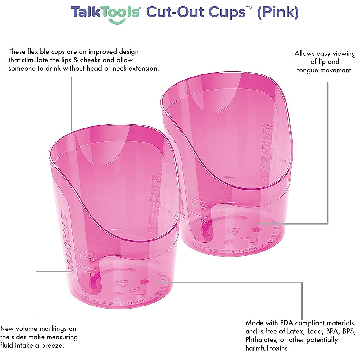 TalkTools Cut Out Cups for Special Needs - Glass Set for Physical Therapy, Recovery and Rehabilitation | Motor and Coordination Support | Easy Drink Therapy Cups for Elderly - 1.5 Oz Pink (2 Pk)