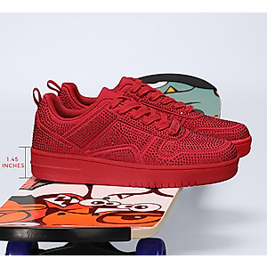 LUCKY STEP Women Fashion Sparkle Rhinestone Sneakers White Leather Low Top Tennis Shoes Lace Up Casual Comfortable Walking Shoe(Red Rhinestone,10B(M) US)