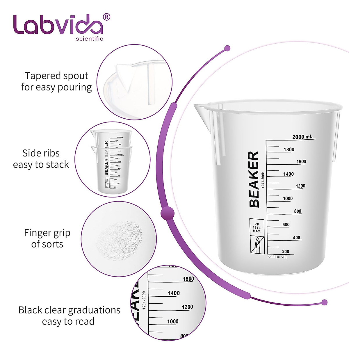 Labvida Plastic Beakers, Vol.2000ml(67.64oz) Stackable Measuring Cup with Black Scale line, Plastic Pitcher PP material Ideal for Science Activities and Household Use, LVB017