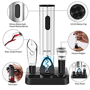 Olevc Rechargeable Electric Wine Bottle Opener, Automatic One-Button Corkscrew Opener Kit with Foil Cutter, Vacuum Stopper and Wine Aerator Pourer for Household Kitchen Party Bar(Stainless Steel)