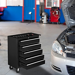 TUFFIOM 5-Drawer Rolling Tool Chest w/Lock & Key, Tool Storage Cabinet with Wheels, Top Cushion & Drawer Liners, Tool Organizer Box for Garage, Warehouse & Repair Shop, Black