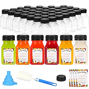 Moretoes 64pcs 4oz Plastic Juice Bottles with Caps, Mini Shot Bottles with Caps, 4 Oz Small Plastic Juice Containers with Lids and Label, Funnel and Brush, Reusable Plastic Bottles for Juicing