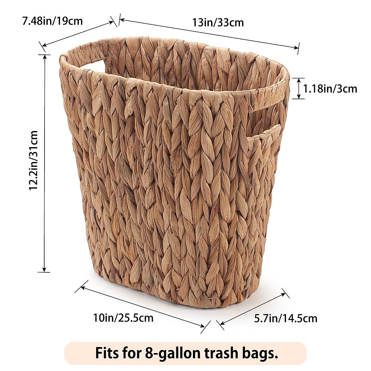 Bathroom Trash Can, Handwoven Wicker Trash Can with Handles for Bedroom, Living Roon, Kitchen, Bathroom and Office, Water Hyacinth Wicker Waste Basket, 1 Pack, 13"L x 7.5"W x 12.2"H, 3.2 Gallon