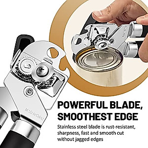 Can Opener Manual, Tymoosty Can Opener Strong Heavy Duty, Smooth Edge Cut, Oversized Knob, Soft Grip Handle, Built-in Bottle Opener, Black