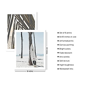 Admmixoo Beach Wall Art Prints Set of 6 Canvas Art Wall Artwork Landscape Coastal Surf Poster Palm Tree Pictures Photo Paintings on Canvas for Home Decor Room Wall Decor (8"x10" UNFRAMED)