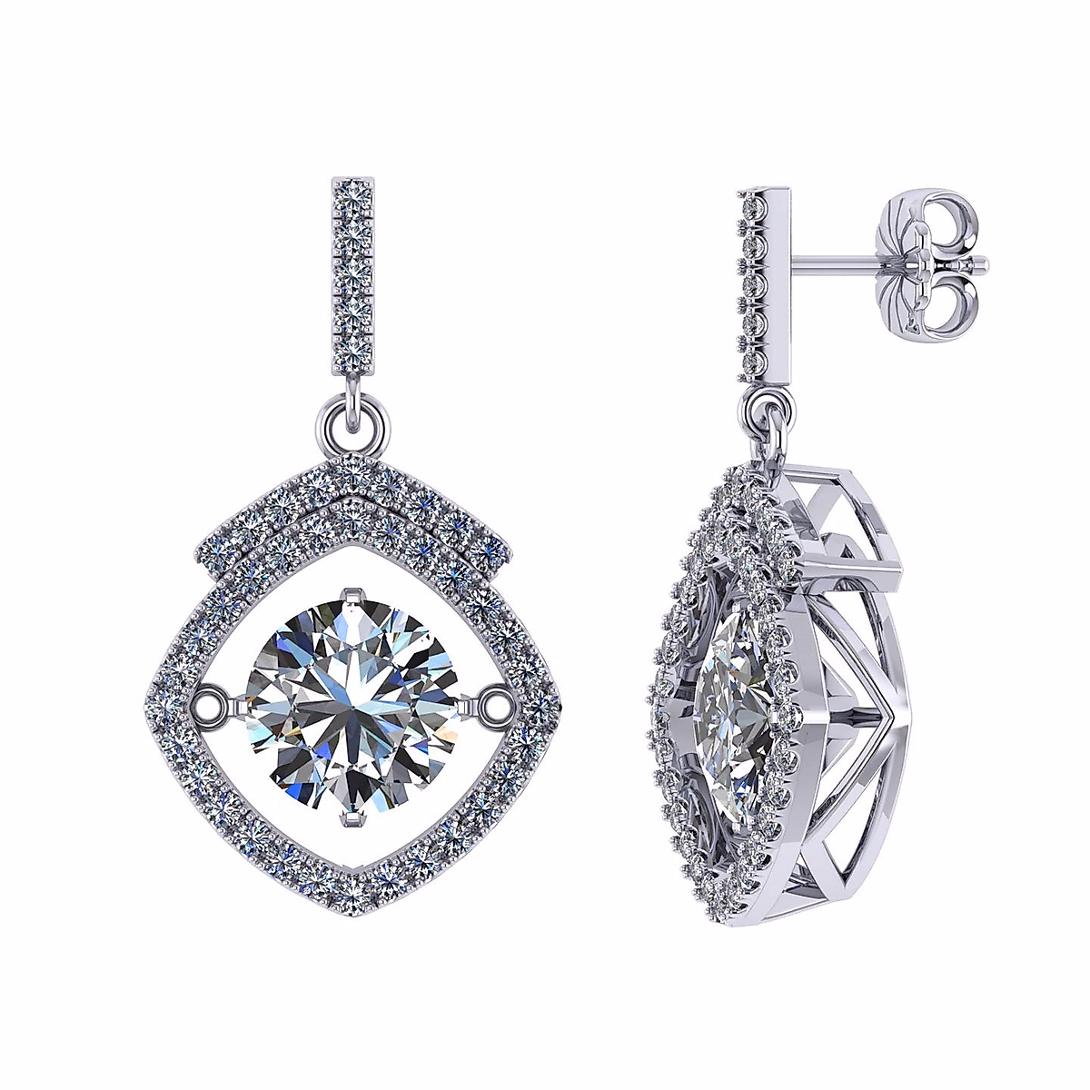 Central Diamond Center Square Halo Dancing Gemstone Dangle Earrings Sterling Silver with Pure Brilliance CZ, Platinum Plated