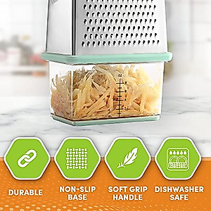 Spring Chef Professional Box Grater With Storage Container, Stainless Steel & Soft Grip Handle, 4 Sides, Handheld Kitchen Food Shredder Best for Parmesan Cheese, Vegetables, Ginger, 10" Mint