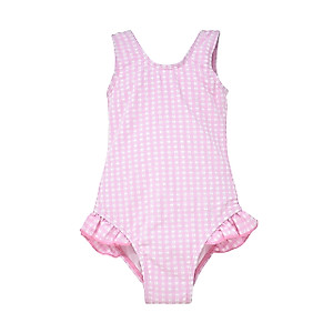 Flap Happy Baby/Toddler One Piece Swimsuit | Girls' Delaney Hip Ruffle Swimsuit | UPF 50+ Highest Certified UV Sun Protection, Pink Gingham Seersucker, 24M