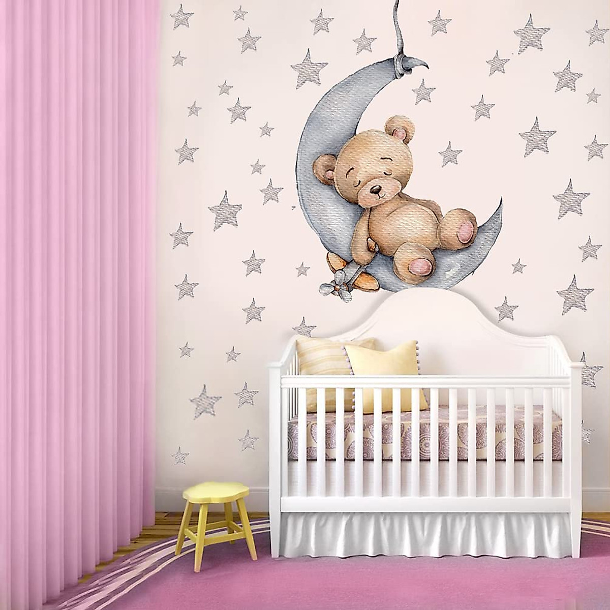 DEKOSH Moon & Stars Nursery Wall Decal with Sleepy Bear for Baby Nursery Decor