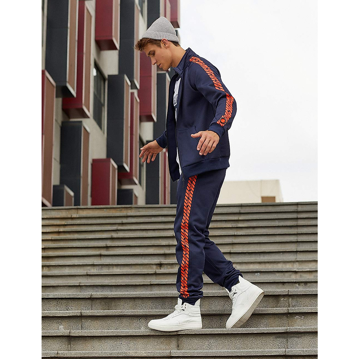 DUOFIER Men Running Jogging Track Suit Jacket and Pants Warm up Pants Gym Training Wear, Blue-XL