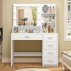 Quimoo Makeup Vanity Desk with Mirror & Lights, Vanity Desk with 5 Drawers & Storage Shelves, Vanity Table, 3 Color Modes & Adjustable Brightness Dressing Table, Bedroom