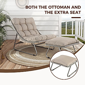 Grand patio Outdoor Lounge Chair with Ottoman Comfy Sling Recliner Chair with Puffy Cushion Samba Modern Patio Furniture Set for Porch Deck Garden Champagne Gray
