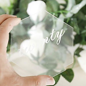 HighFree Hexagon Acrylic Table Numbers 1-20 with Stand - Printed Calligraphy Place Cards, Clear Acrylic Table Numbers for Wedding Reception, 4x4.5 inch, Set of 21