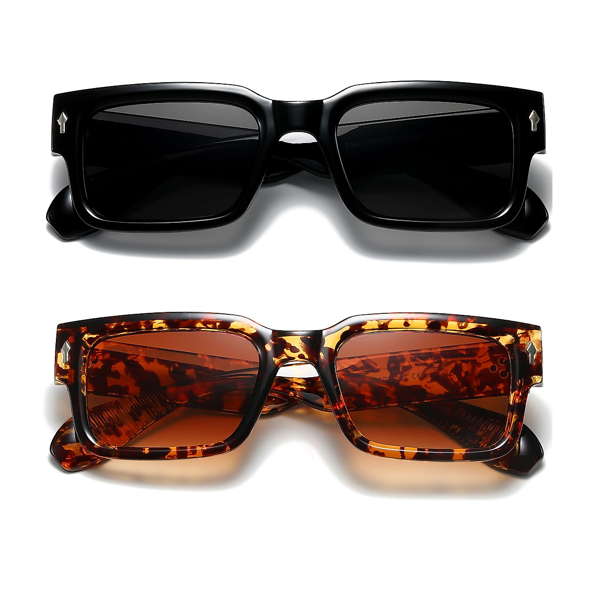 EYLRIM Square Frame Sunglasses for Women Men Trendy Chunky Rectangle Sun Glasses Black Shades UV400 Protection(2 Pack (Black/Grey+Leopard/Gradient Tea))