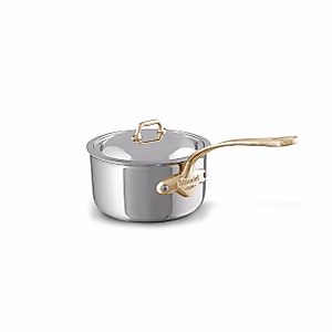 Mauviel M'Cook B 5-Ply Polished Stainless Steel Sauce Pan With Lid, And Brass Handle, 3.4-qt, Made In France