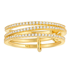 espere 18K Gold Plated Sterling Silver Dainty Three Band Ring | Women's CZ Triple Eternity Ring | Thin Wedding Band for Stacking Size7