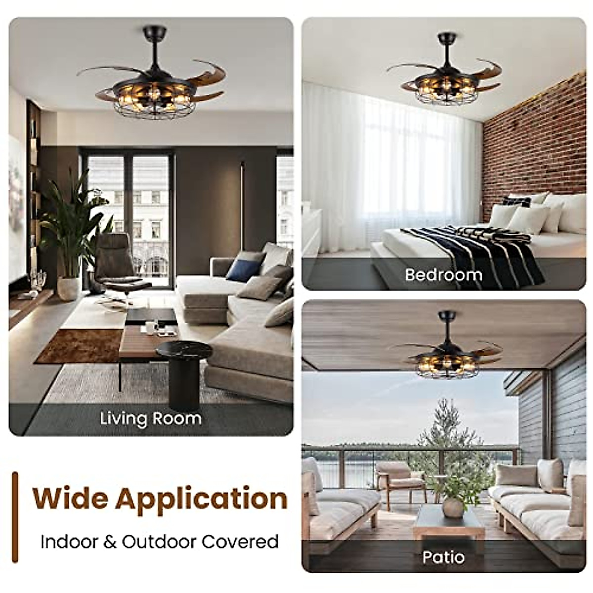 Siljoy Retractable Ceiling Fan with Lights Black Industrial Caged Ceiling Fan with Remote Controller Farmhouse Chandelier Fan with Lights for Living Room Bedroom Patio (48 Inches, 5 Lights)