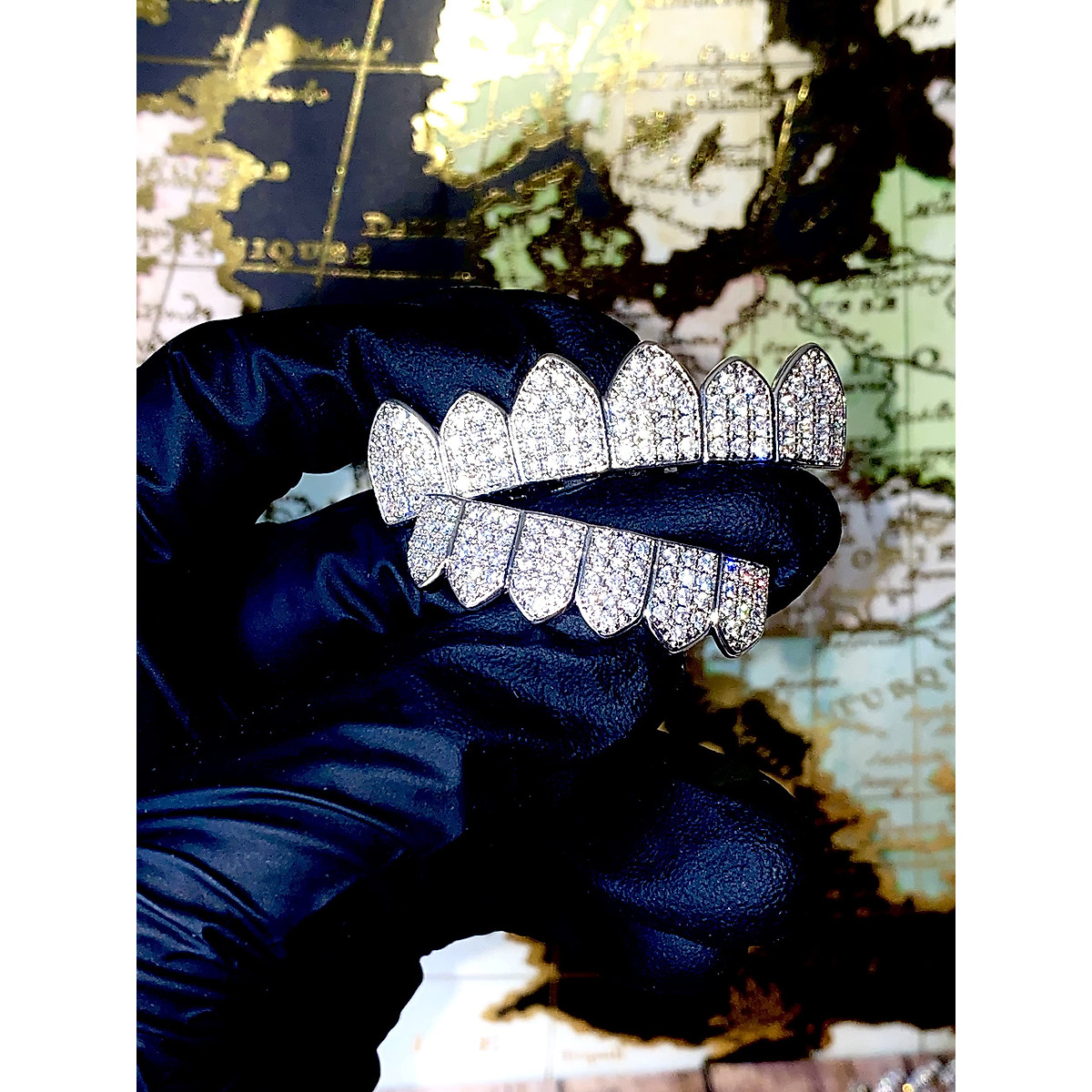 18K White Gold Plated CZ Cluster Custom Slugs Top Bottom Grillz Mouth Teeth Grills Set - Grillz, Teeth Cap, Iced Out Grillz (Top & Bottom Set)