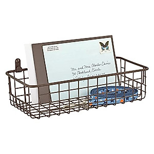 mDesign Wall Mount Metal Farmhouse Wall Decor Storage Organizer Basket Bin with Handles for Hanging in Entryway, Mudroom, Bedroom, Bathroom, Laundry Room - Wall Mount Hooks Included, 6" Wide - Bronze