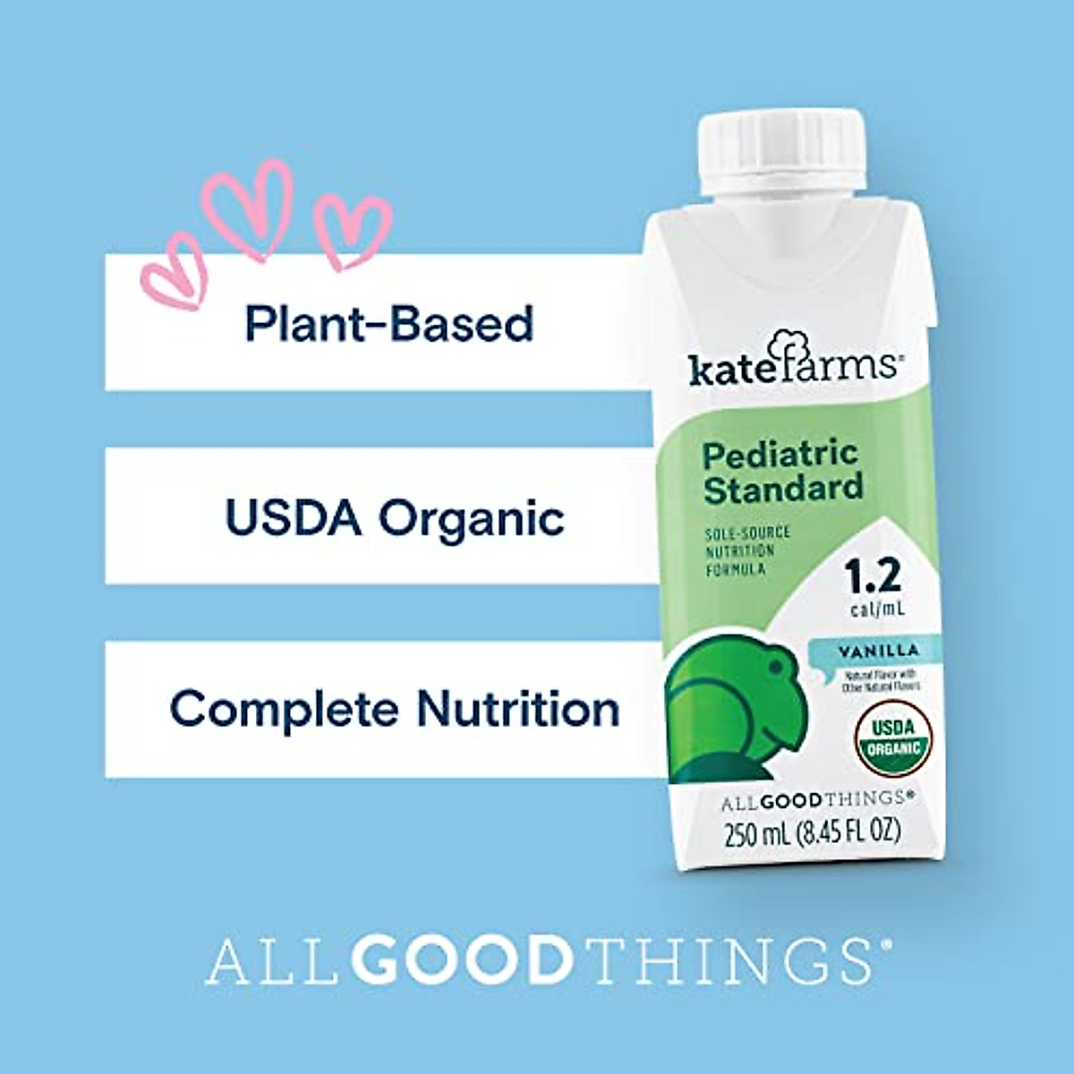 Kate Farms Pediatric Standard 1.2 Formula, Sole Source Nutrition, Nutritional Supplement Drinks, Feeding Tube Meals, Protein Shakes for Kids (Vanilla 1.2 cal/mL, Case of 12)