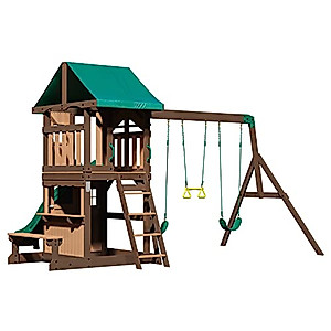 Backyard Discovery Lakewood Cedar Wood Swing Set, Covered Upper Deck with White Trim Window, Slide with Rails, Lower Fort Area with Door and Attached Bench, Swing Belts, Trapeze Bar, Stair Ladder