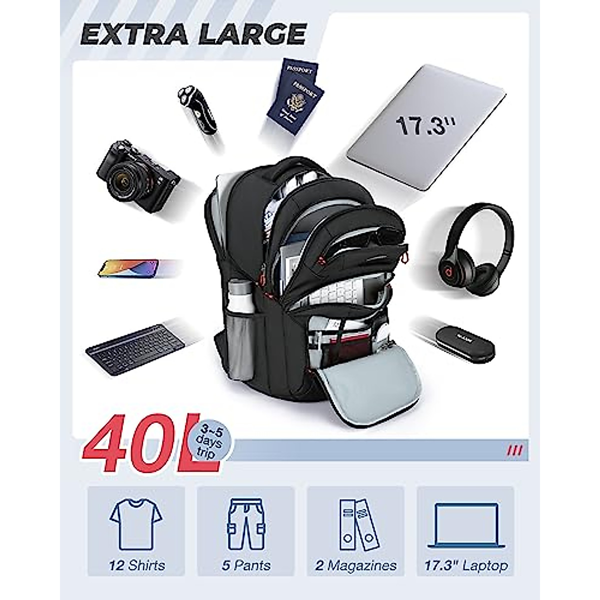 BAGSMART Travel Laptop Backpack Men Women, Extra Large Work 17.3 Inch Computer Backpack Airline Approved Carry On with Water-Repellent, Charging Hole, for Business Work College Hiking Weekender, Black