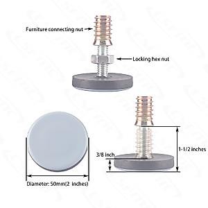 CSFMC Furniture Leveler PTFE(Teflon) Bottom(50mm Large Base 3/8-16,8 Pack),Thread Shank Adjust Pads,Table/Chair/Cabinet/Sofa Medium Adjustable Legs Leveling,Nuts Installation and Floor Protection