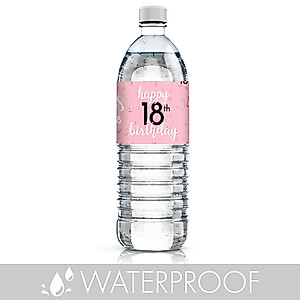 Pink, Black, and White 18th Birthday Party Water Bottle Labels - 24 Waterproof Wrappers, 18th Birthday Decorations for Girls Pink