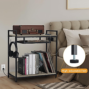 Record Player Stand Vinyl Record Stand with 2 Tier Storage and Wheels Turntable Stand with Charging Station and Album Storage End Table with Vinyl Holder Display Shelf for Living Room Grey