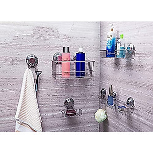 SANNO Suction Cups Shower Caddy Soap Dish Holder for Large Shampoo Shower Gel Holder Bathroom Storage Bath Organizer Kitchen Storage Basket for Shampoo, Conditioner, Soap- Rustproof Stainless Steel