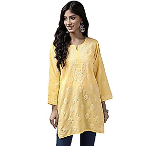 Ada Indian Hand Embroidered Chikankari Women's Cotton Top Tunic Shirt Blouse A911127 (XS, Yellow)